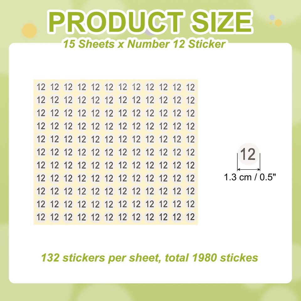 15 Sheets/1980Pcs Number 12 Stickers Self-Adhesive 0.5 Inch Small Round ...