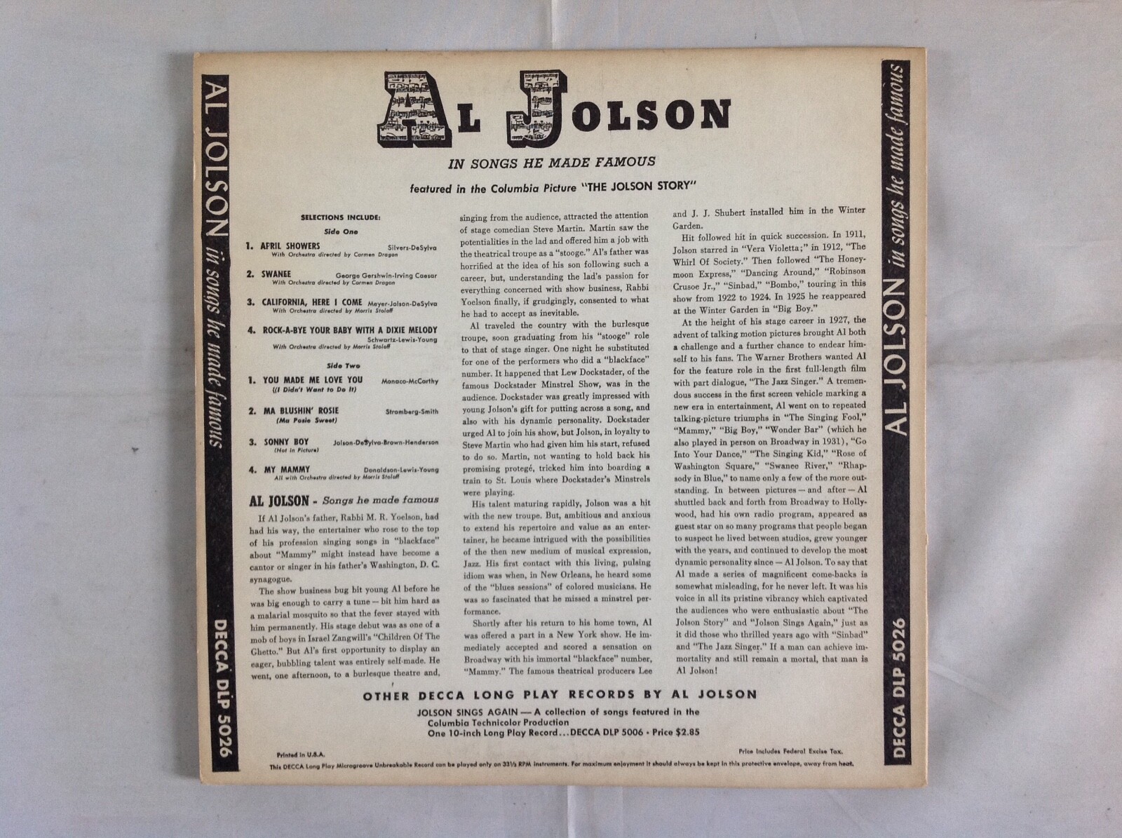 Vintage Al Jolson / In Songs He Made Famous 33-1/3 RPM Decca 10" Vinyl ...