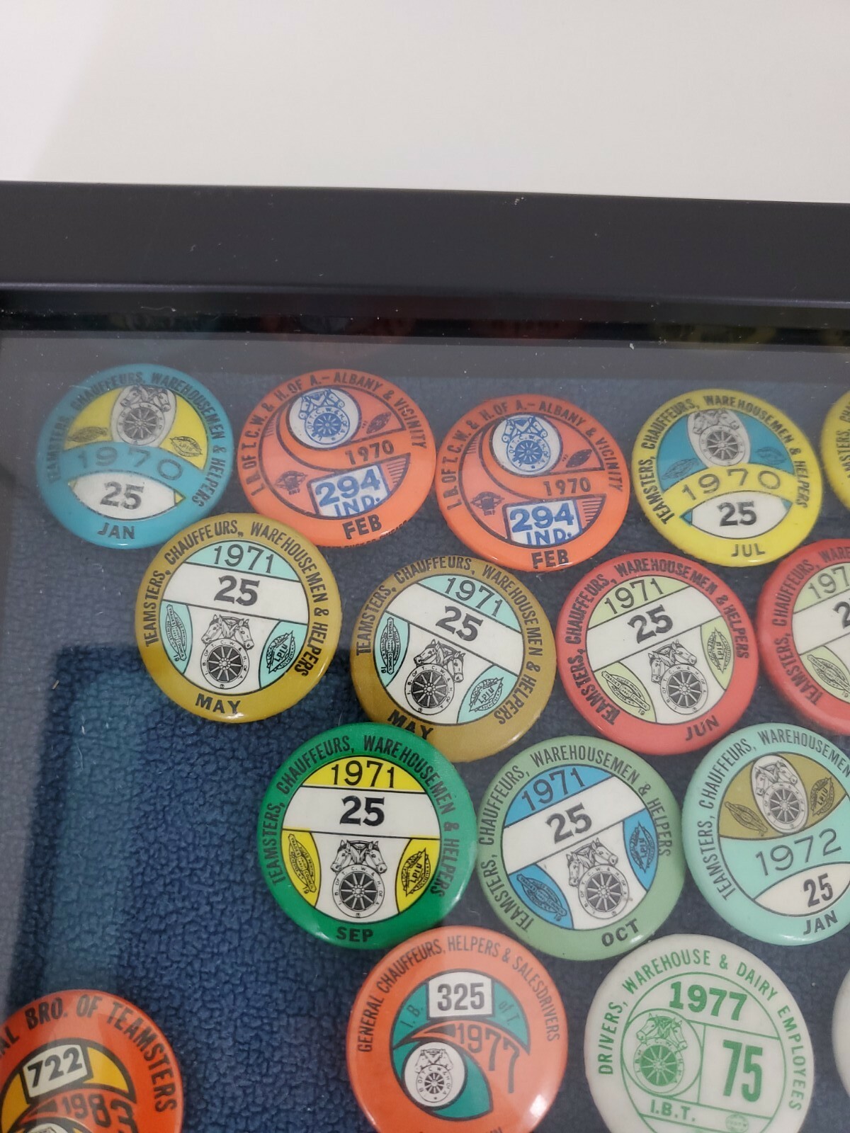 framed display lot 55 vintage 1970s 80s TEAMSTERS PINS Union IBT metal ...