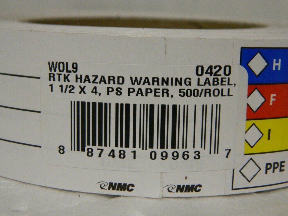 NMC RTK Hazard Warning Label PS Paper 1 1/2 "x 4" Qty 500 WOL9 | eBay