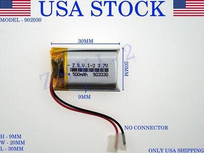 3.7V 500mAh 902030 Lithium Polymer LiPo Rechargeable Battery (USA STOCK ...