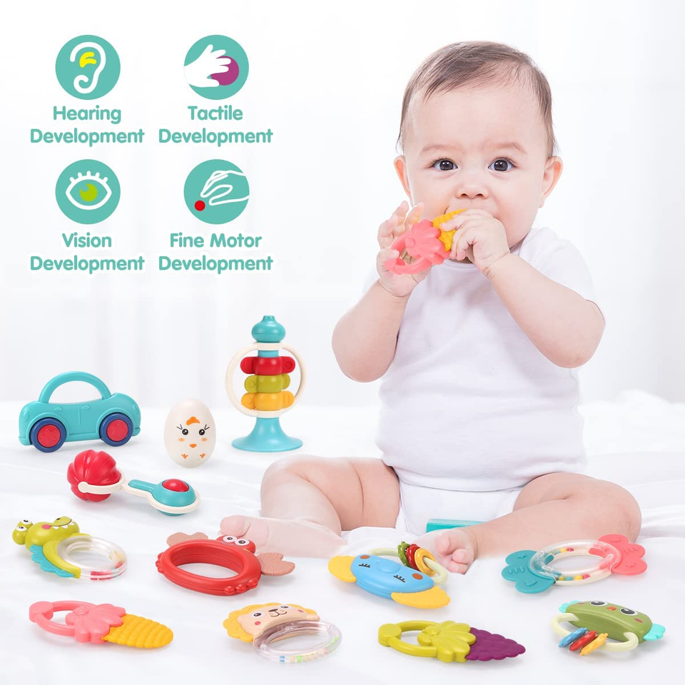 12Pcs Baby Rattles Toys Set，Sensory Teether，Infant Grab Shake Rattle ...