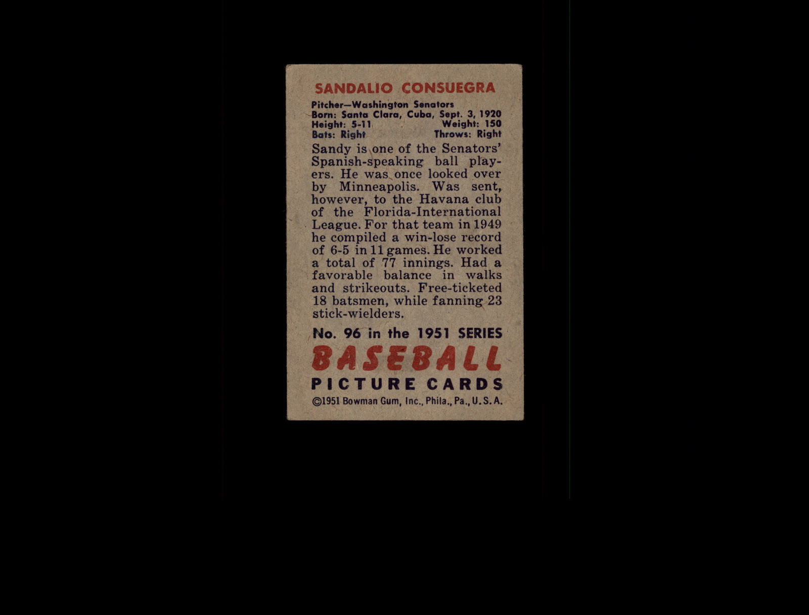 1951 Bowman 96 Sandy Consuegra RC VG #D822949 | eBay