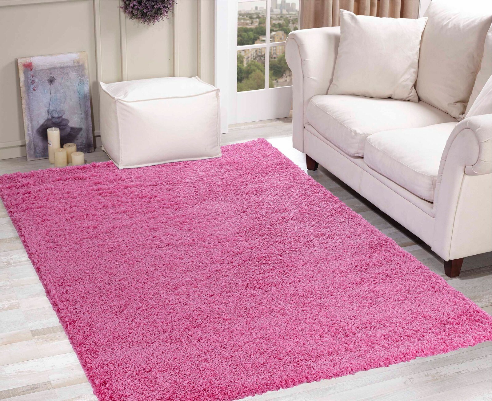 Modern Bright Pink Small - Large Thick Living Room Area Plain Fluffy ...