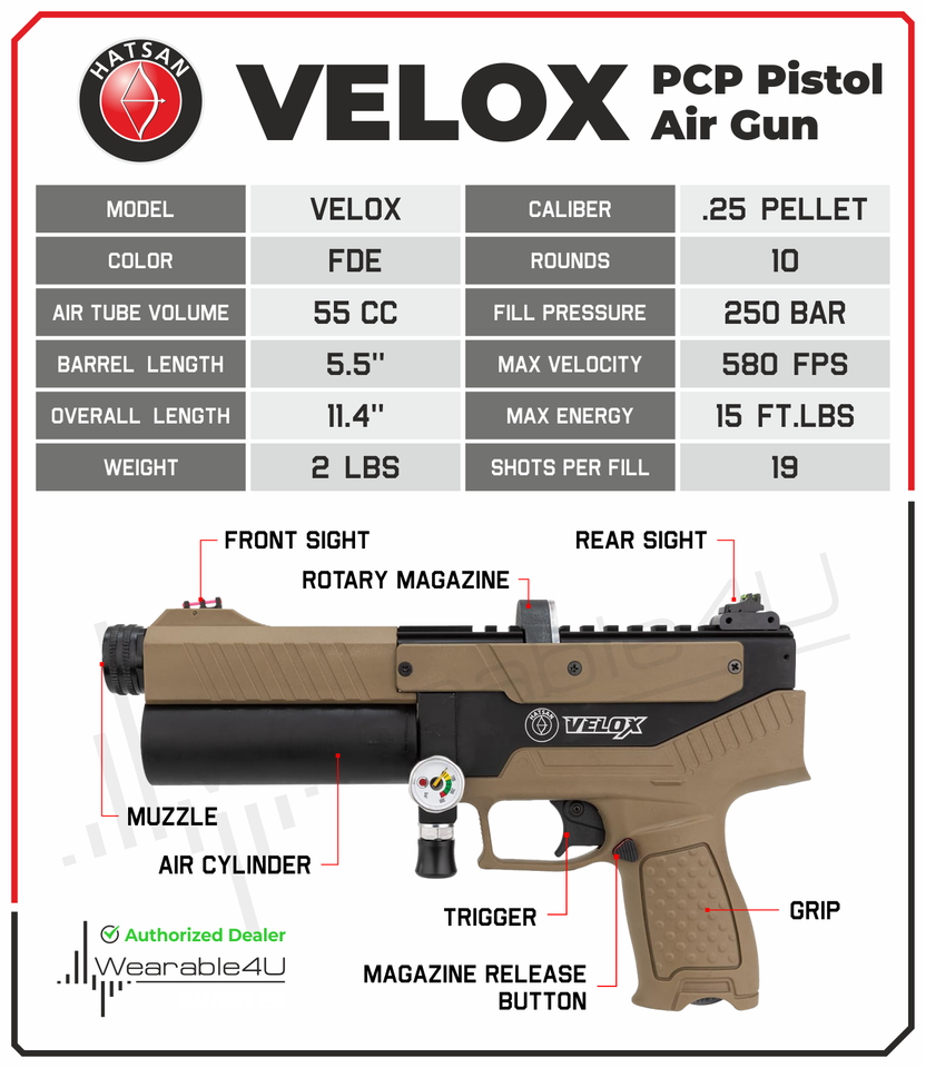 Hatsan Velox .25 Cal Side Bolt PCP Air Pistol FDE w/ Pellets and ...