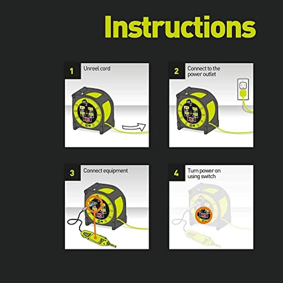 Masterplug Power At Work Four Power Outlets Cord Reel with Winding ...