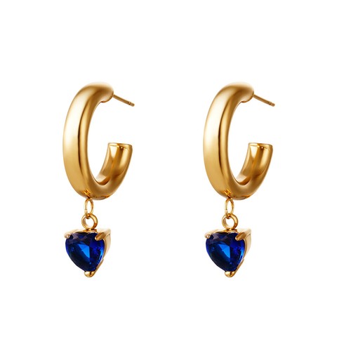 18ct Gold-Plated Half Hoop Stud Earrings with Blue Cubic Zirconia Heart ...