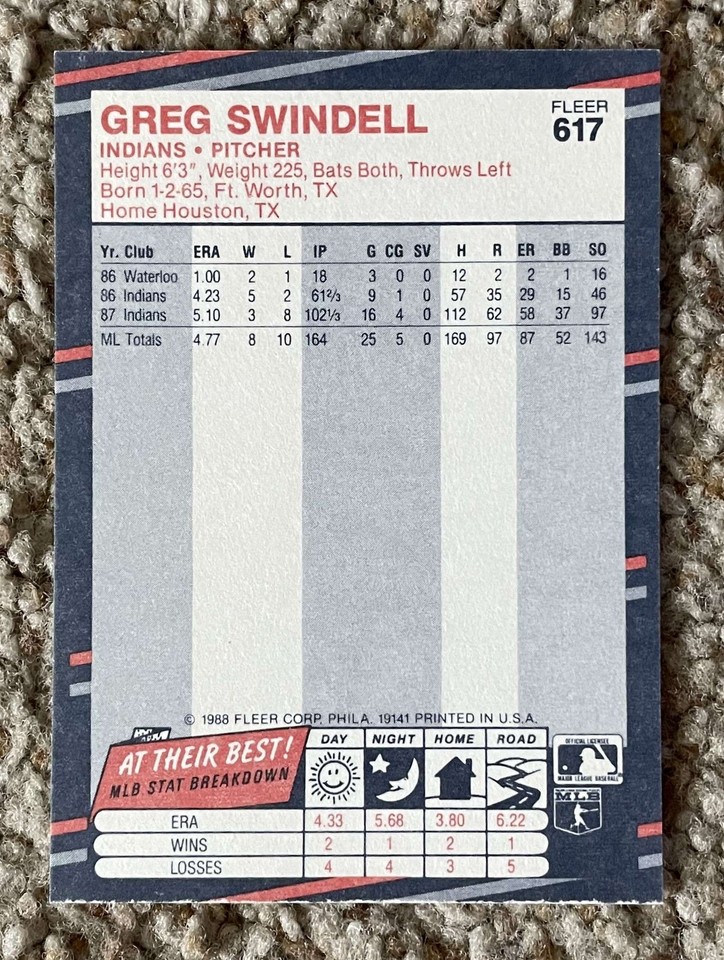 Greg Swindell signed 1988 Fleer - Indians | eBay