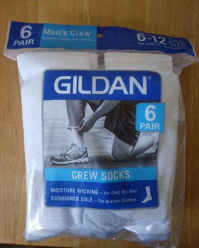 Gildan Mens White & Grey Crew Socks: 6 Pair, Size 6-12, Polyester Blend ...