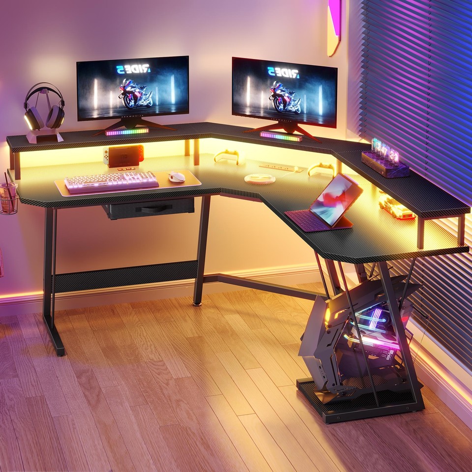 L-Shaped Gaming Desk Corner Table Computer Desk with RGB Light & Power ...