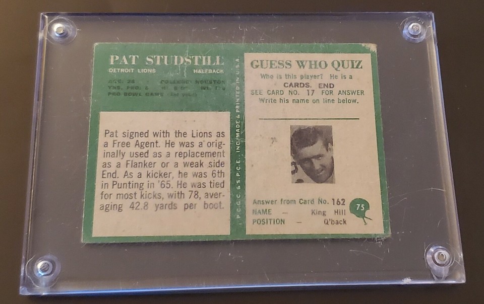 Pat Studstill 1966 Philadelphia Football Card #75 In Acrylic Detroit ...