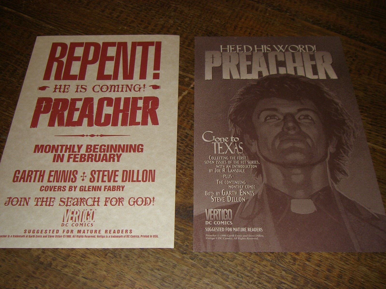 Preacher Repent, Gone to Texas lot of 2 DC promo flyers, 1995/96, Garth ...