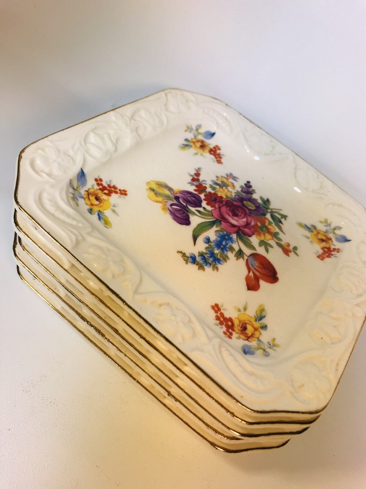 Tashiro Shoten Japan Set Of 5 Square Plates 5.5" Flowers Embossed Gold ...