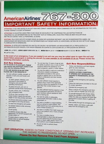 American Airlines Safety Card - Boeing 767-300 - November 2001 | eBay
