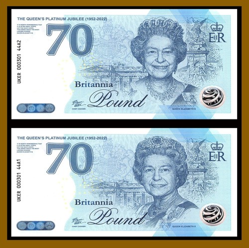 Britannia Pound (2 Pcs Set), 1952-2022 Test Note 70 Jubilee Matching S ...