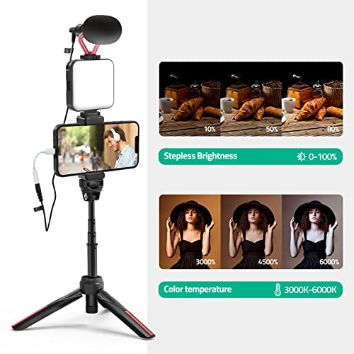 Smartphone Video Vlogging Kit with LED Light, Phone Holder, Microphone ...