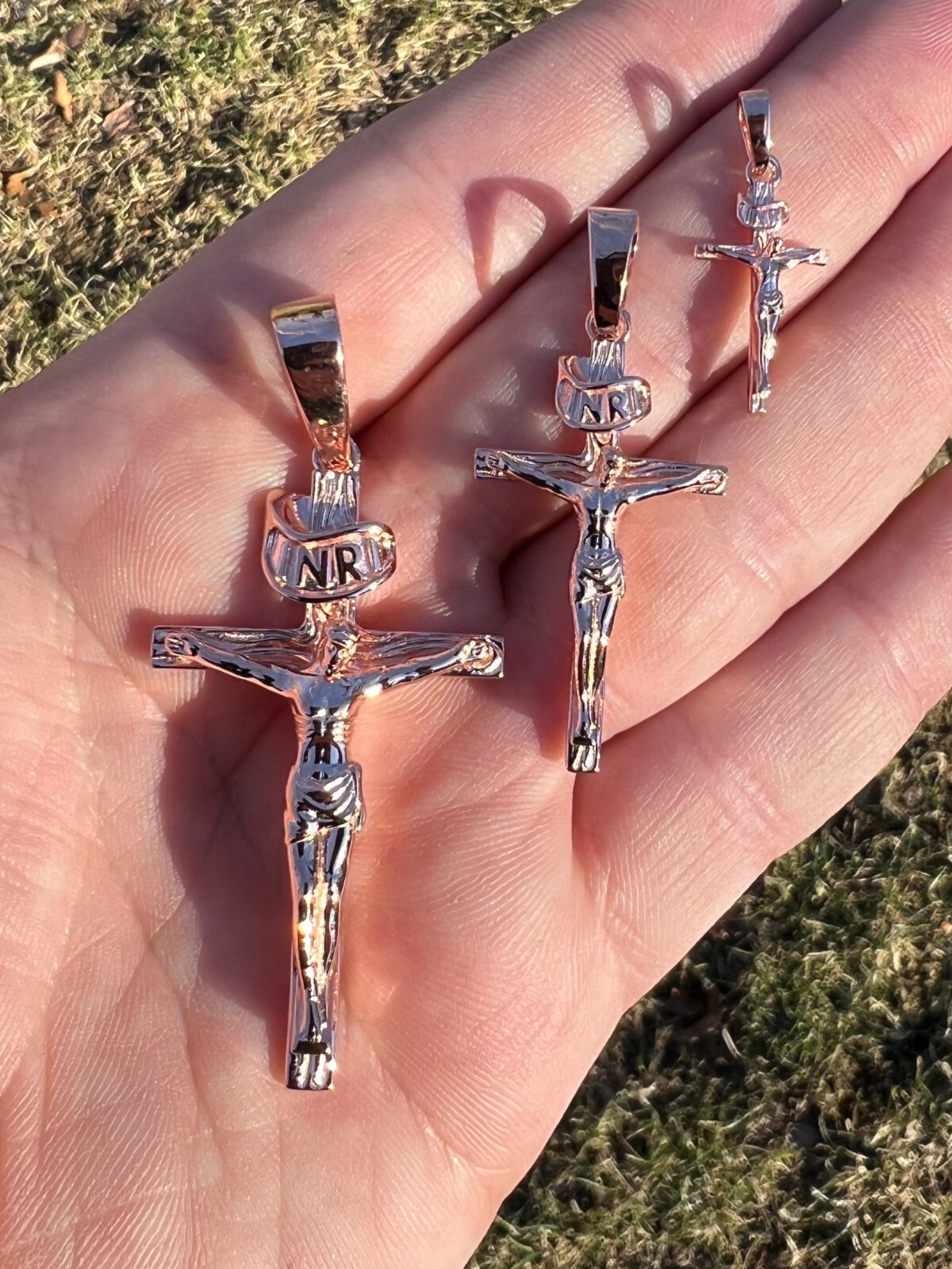 14k Rose Gold Plate Solid 925 Silver Cross Jesus Piece Crucifix Pendant ...