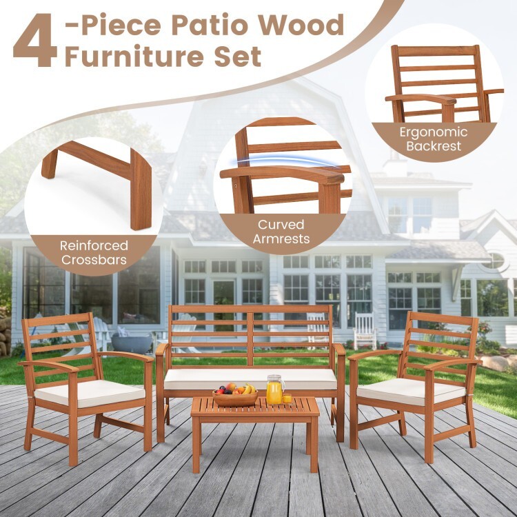 4PCS Outdoor Patio Furniture Set Ergonomic Backrest w/Stable Acacia ...