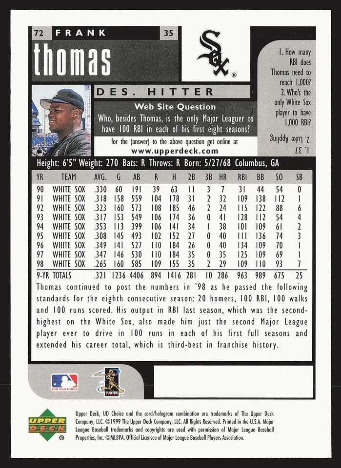 1999 UD Choice #72 Frank Thomas | eBay