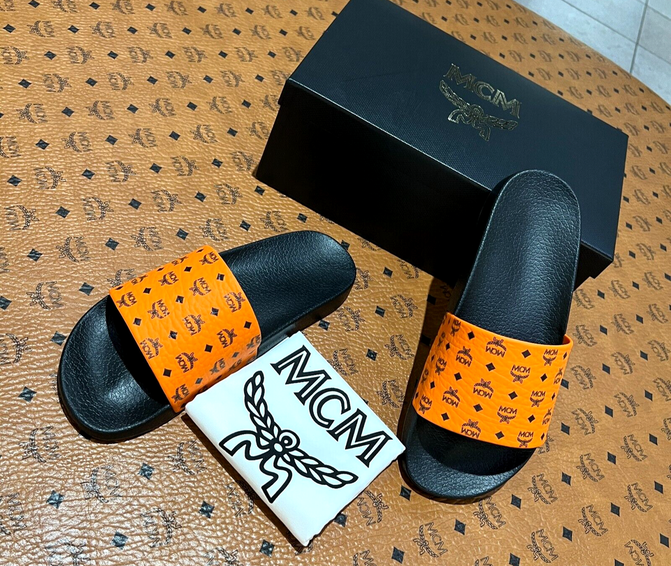 🔥MCM Italy Made Men's Visetos Print Rubber Orange Black Slides US 8~ 12 ...