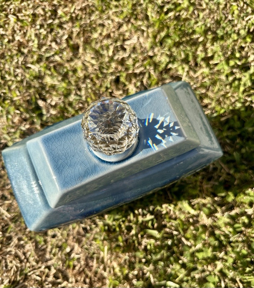 Ceramic Blue Canister Jar wLid & Prism Crystal Glass Knob Embossed ...