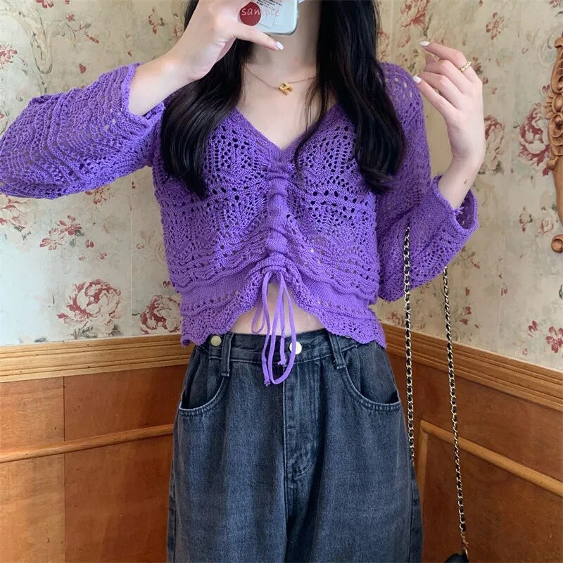 Women Knitted Cropped Sweater Hollow Crochet Pullover Drawstring Thin ...
