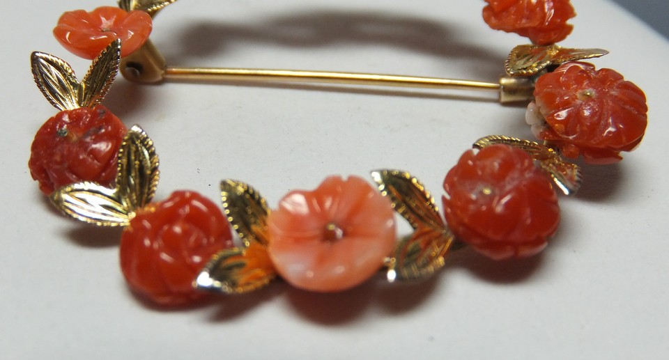 Vintage Estate Sale 14KT Genuine Pink & Red Coral Antique Brooch | eBay