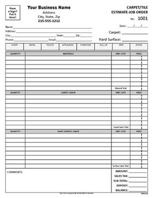 Carpet and Tile Store Estimate Form / 8.5 x 11 / 2 or 3 Part / TMG226 ...