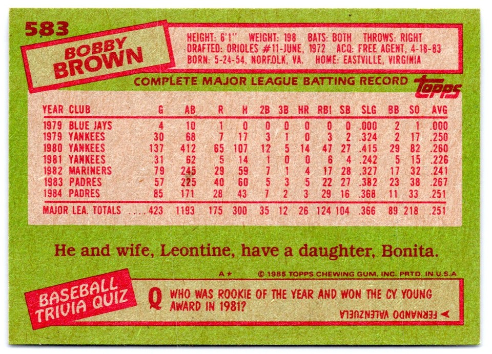 BOBBY BROWN 1985 TOPPS 85 NO 583 NRMINT+ 33478 | eBay