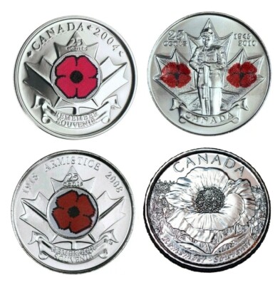 Canada Remembrance 4 Coin Poppy BU UNC Set, 2004 P, 2008, 2010 & 2015 ...