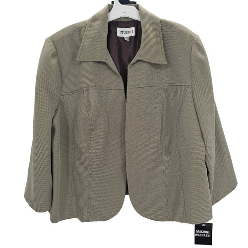 Studio I Womans size 20W Open Front Blazer Brown & White Twill Cropped ...