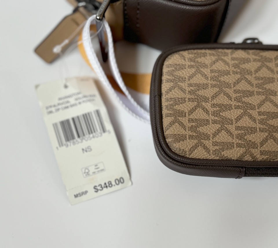 MICHAEL KORS RIVINGTON STRIPED CROSSBODY CAMERA BAG WITH POUCH MK BROWN ...