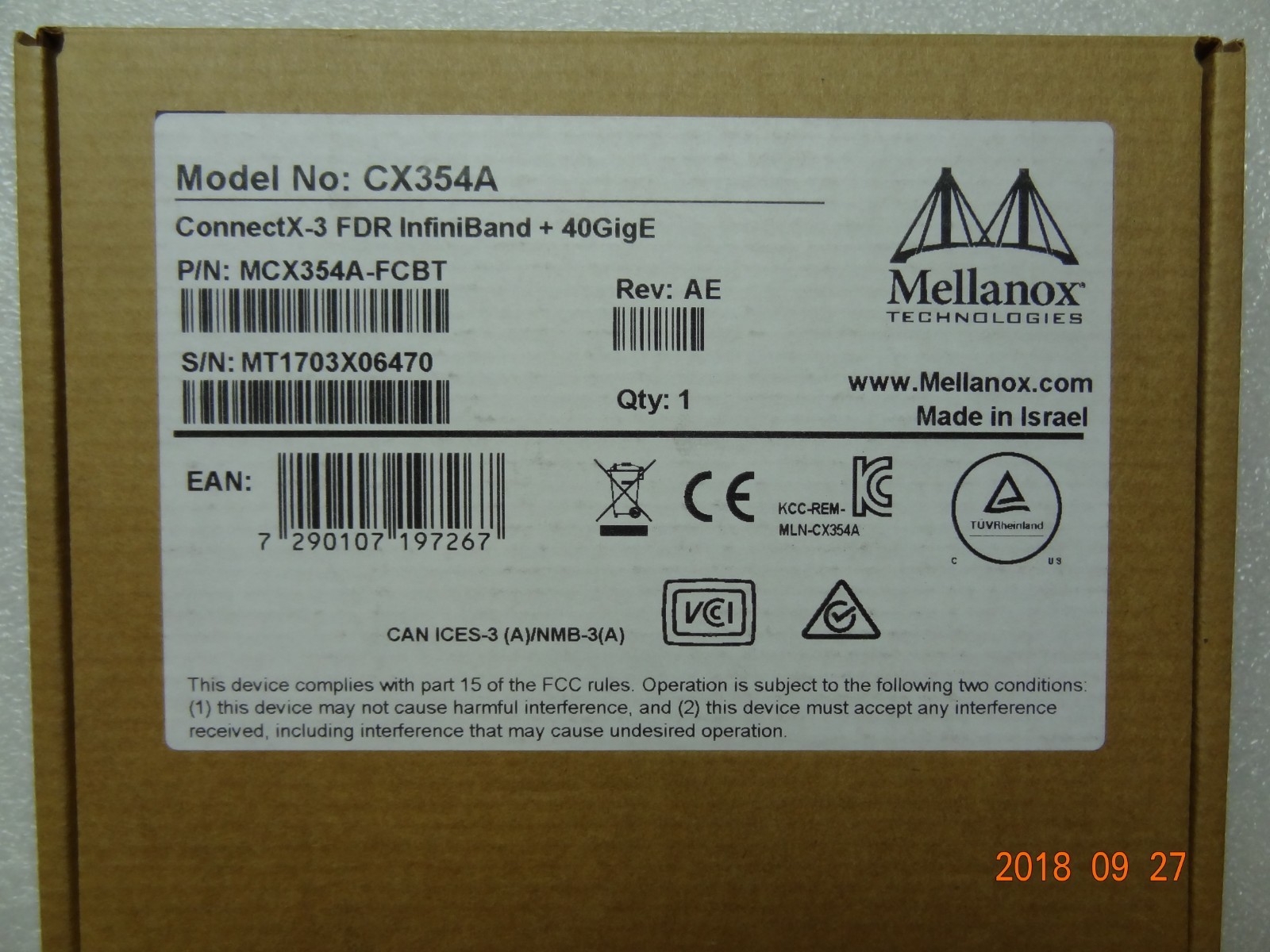 Mellanox MCX354A-FCBT ConnectX-3 FDR InfiniBand 40GigE ETHERNET #K101 ...