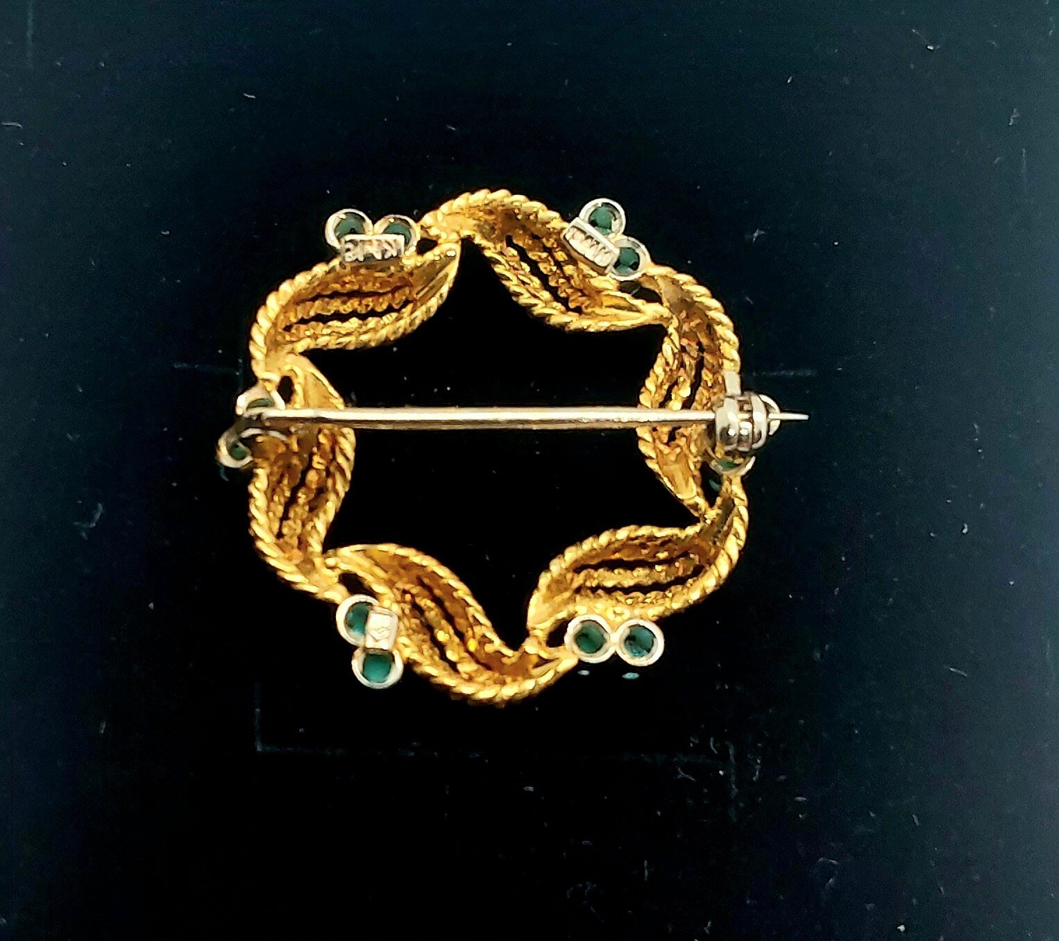 Vintage 14K Gold Twisted Rope Round Brooch Pin w/Turq… - Gem