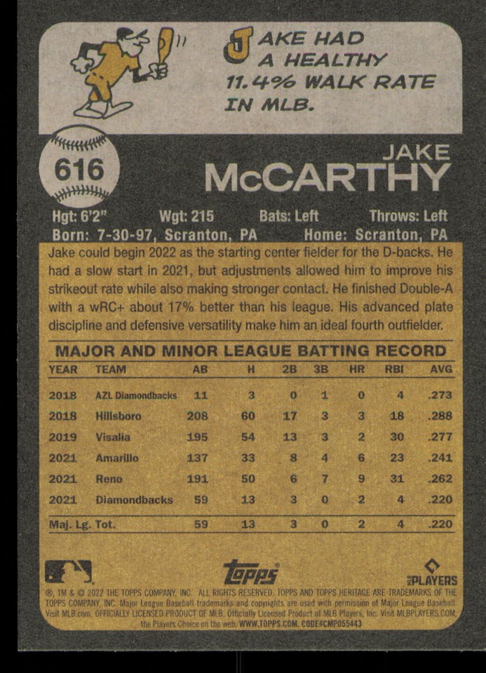 2022 Topps Heritage #616 Jake McCarthy Rookie Card (RC) | eBay