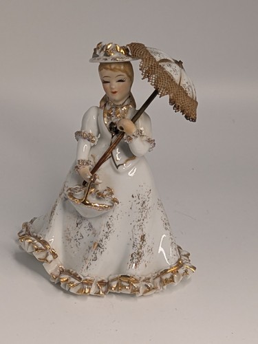 Lefton Porcelain Lady W/Parasol Stiff Net Trim Gold Accents Vintage ...