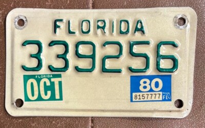 Florida 1980 MOTORCYCLE License Plate # 339256 | eBay