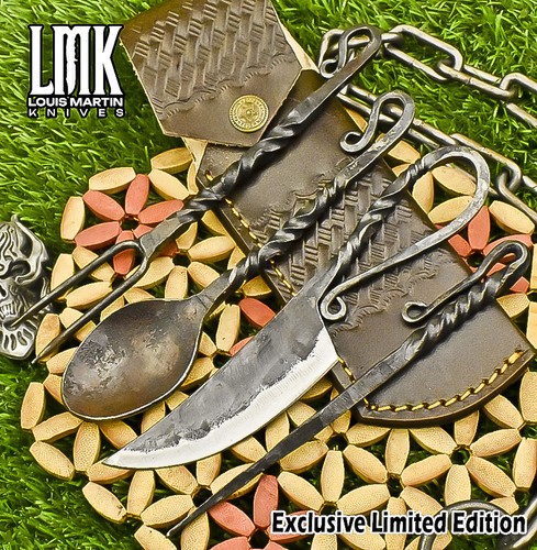 LMK Hand Forged Antique Table Set 440C Steel Hammered Pattern Lot of 4 ...