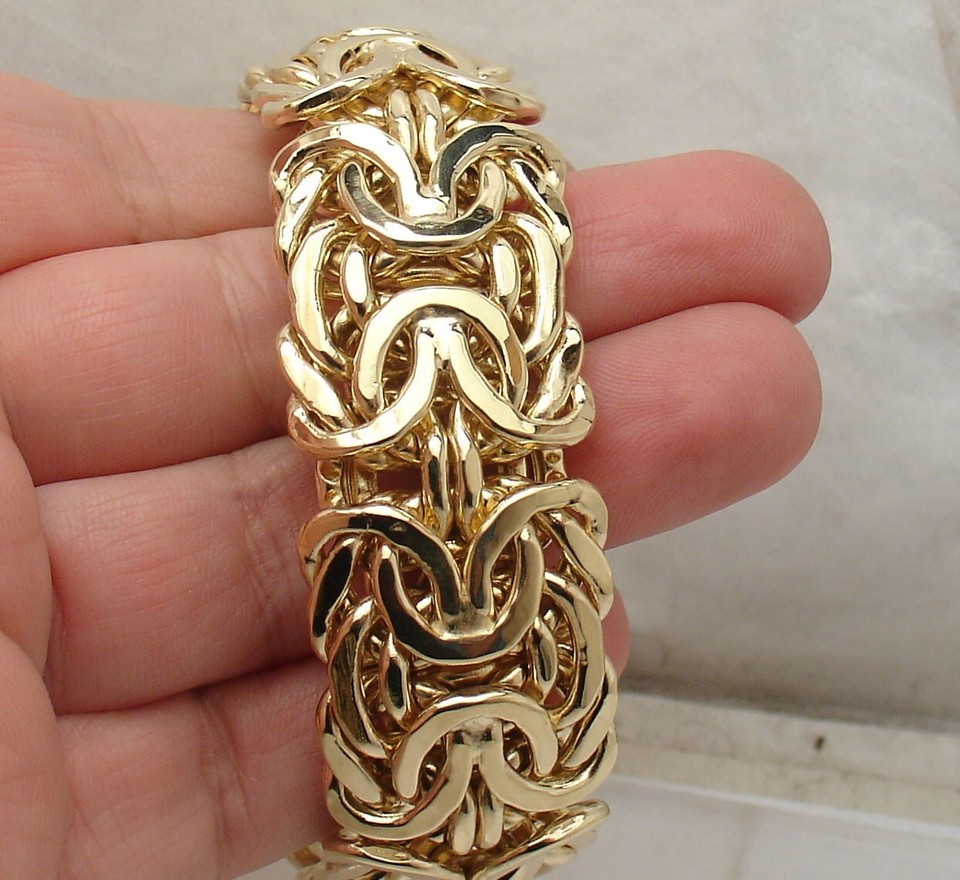 9" Bold Mirror Byzantine Bracelet Spring Ring Lock Real 14K Yellow Gold ...