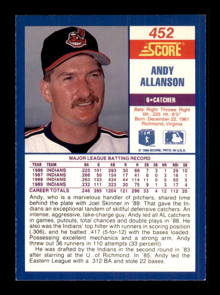 1990 Baseball Score Andy Allanson Cleveland Indians #452 | eBay