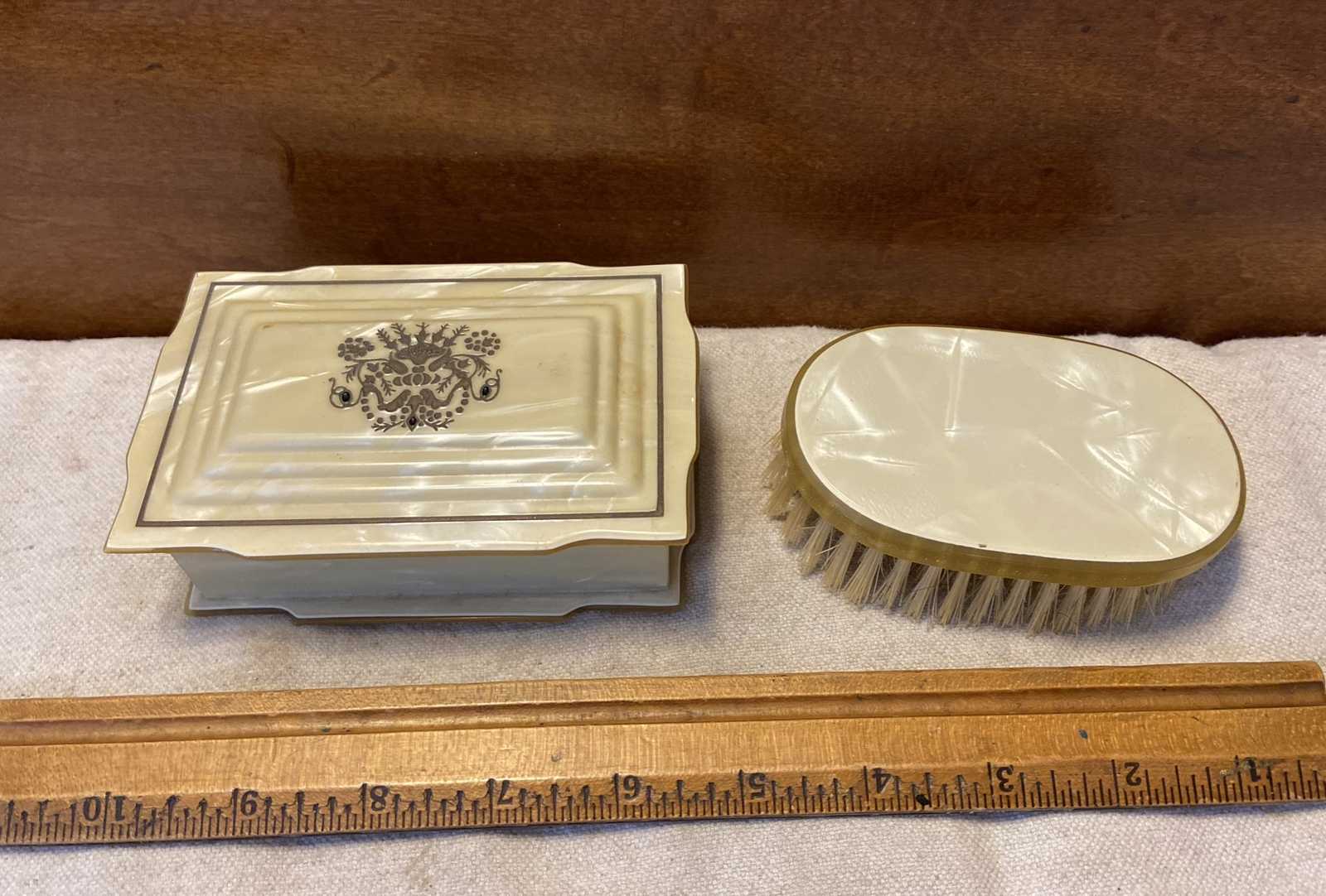 Vintage Pearlized Pyralin Celluloid Vanity Dresser Jewelry Trinket Box ...