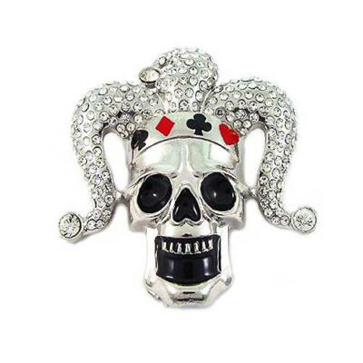 Jester Clown Joker Poker Card Skull Rhinestones Silver Chrome Metal ...