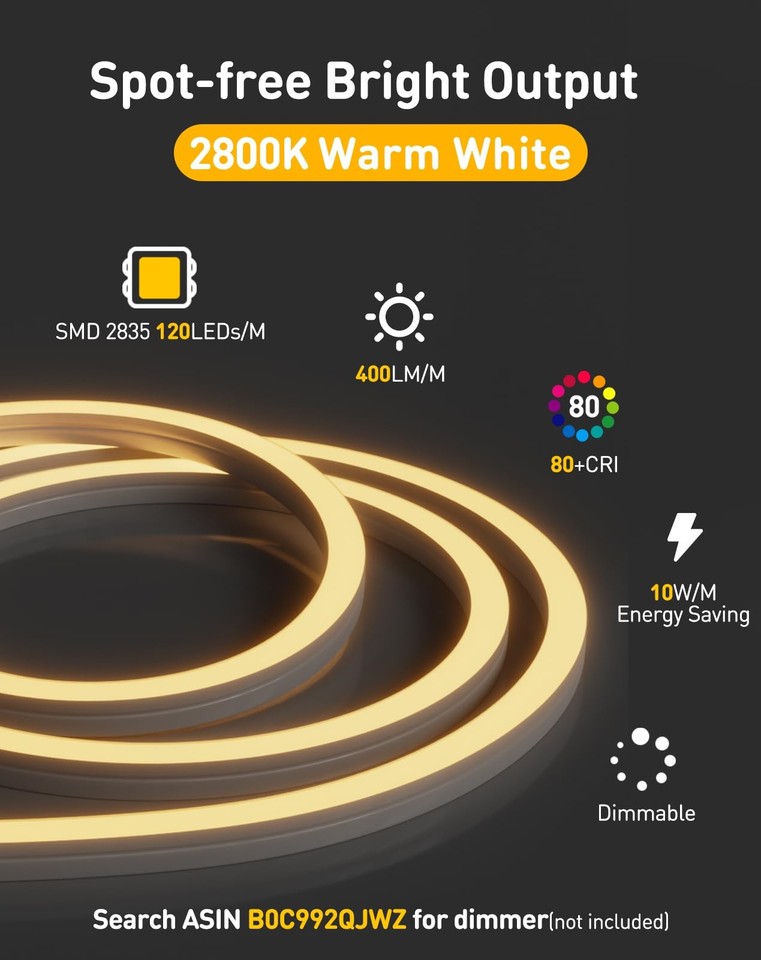 3D LED Neon Rope Lights AC 120V, Top & Side Bend 400LM Dotless ...