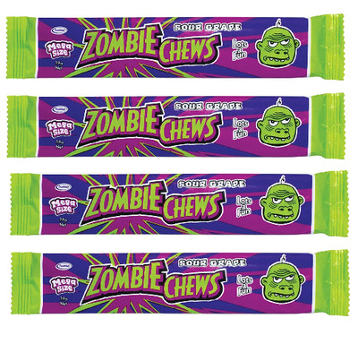 900542 4 x 28g BARS ZOMBIE CHEWS SOUR GRAPE FLAVOURED MEGA SIZE CHEWY ...