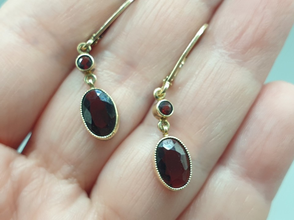 Vintage 9ct Yellow Gold Garnet Earrings 9K Natural stones Drop Dangle ...