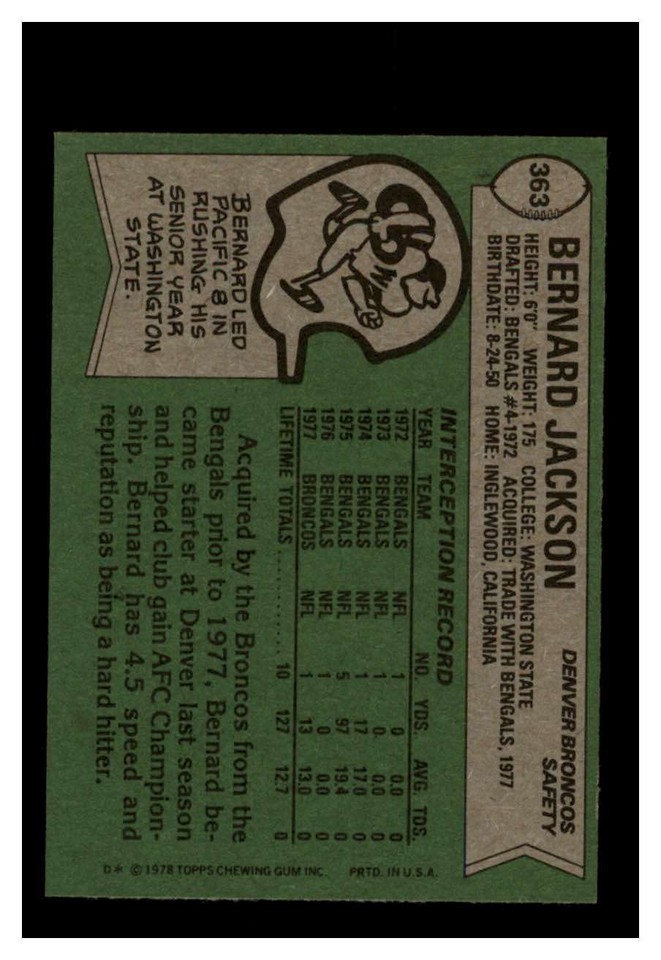 1978 Topps #363 Bernard Jackson Denver Broncos NM-MT | eBay