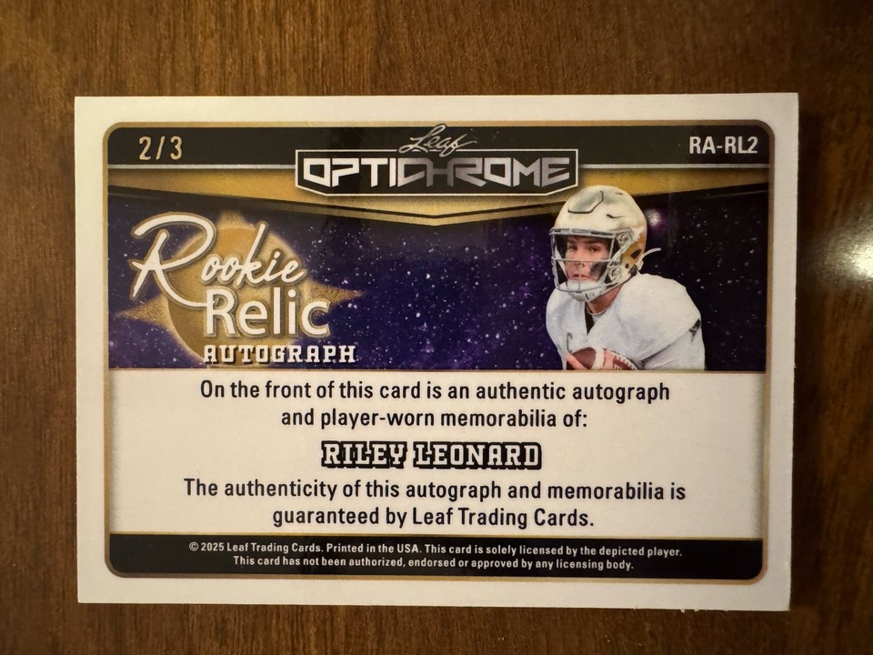 2025 Leaf Optichrome Riley Leonard Rookie Relic Autograph Card#RA-RL2 ...