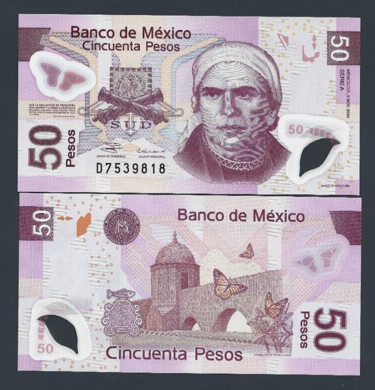 Mexico 50 PESOS P-123 2004 *A* Series POLYMER UNC Mexican Butterfly ...
