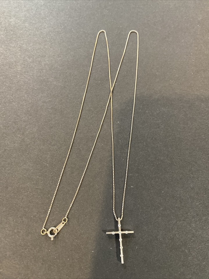 Signed MiDAS 14K Turkey White Gold With 7 Diamonds Cross Pendant Chain ...