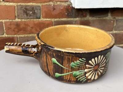 ANTIQUE/VINTAGE FRENCH Alsace brown glazed saucepan with flowers ...
